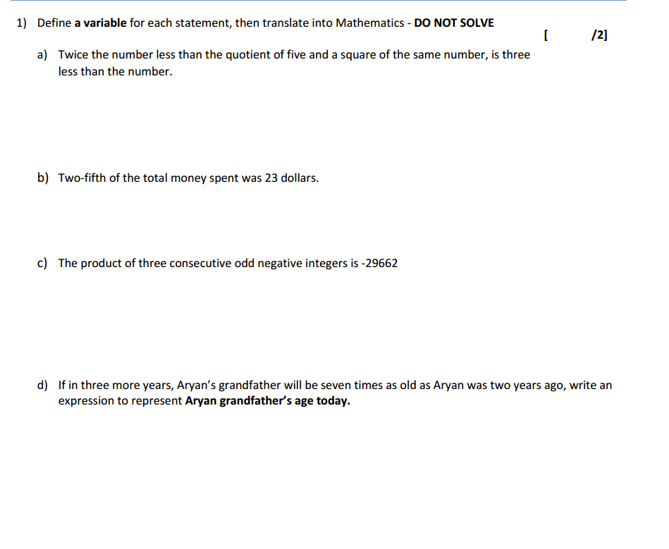 Solved Define a variable for each statement, then translate | Chegg.com