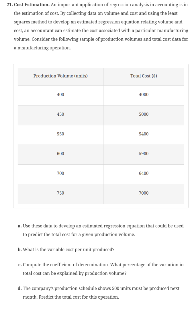 Solved 21. ﻿Cost Estimation. An important application of | Chegg.com
