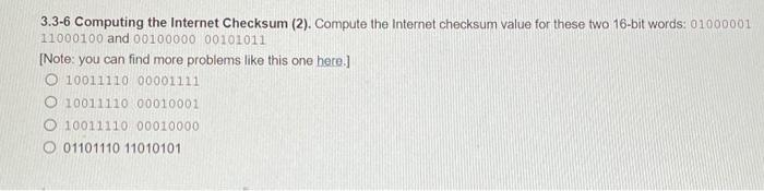 Solved 3.3-6 Computing the Internet Checksum (2). Compute | Chegg.com