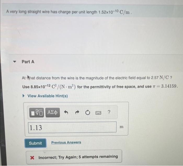 Solved A very long straight wire has charge per unit length | Chegg.com