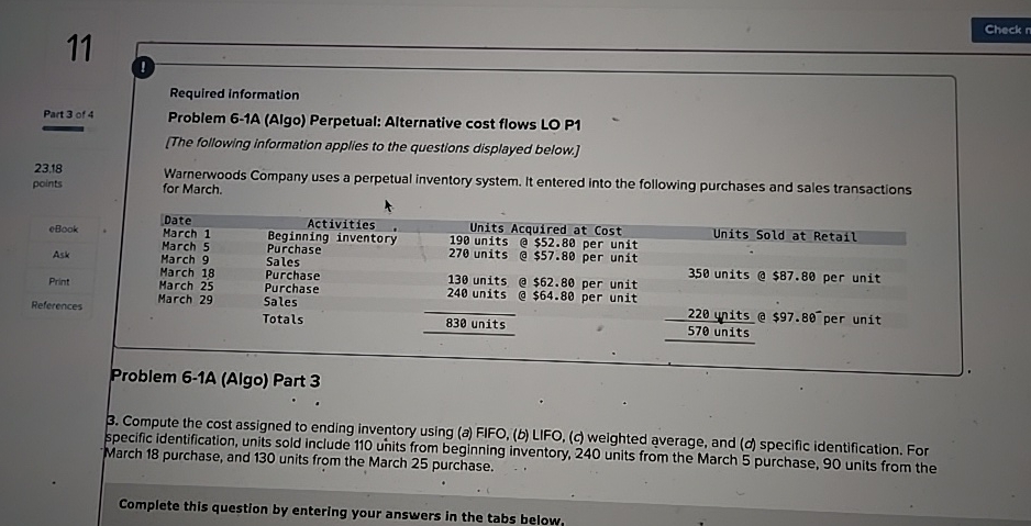 Solved 11Part 3 ﻿of 4Required informationProblem 6-1A (Algo) | Chegg.com