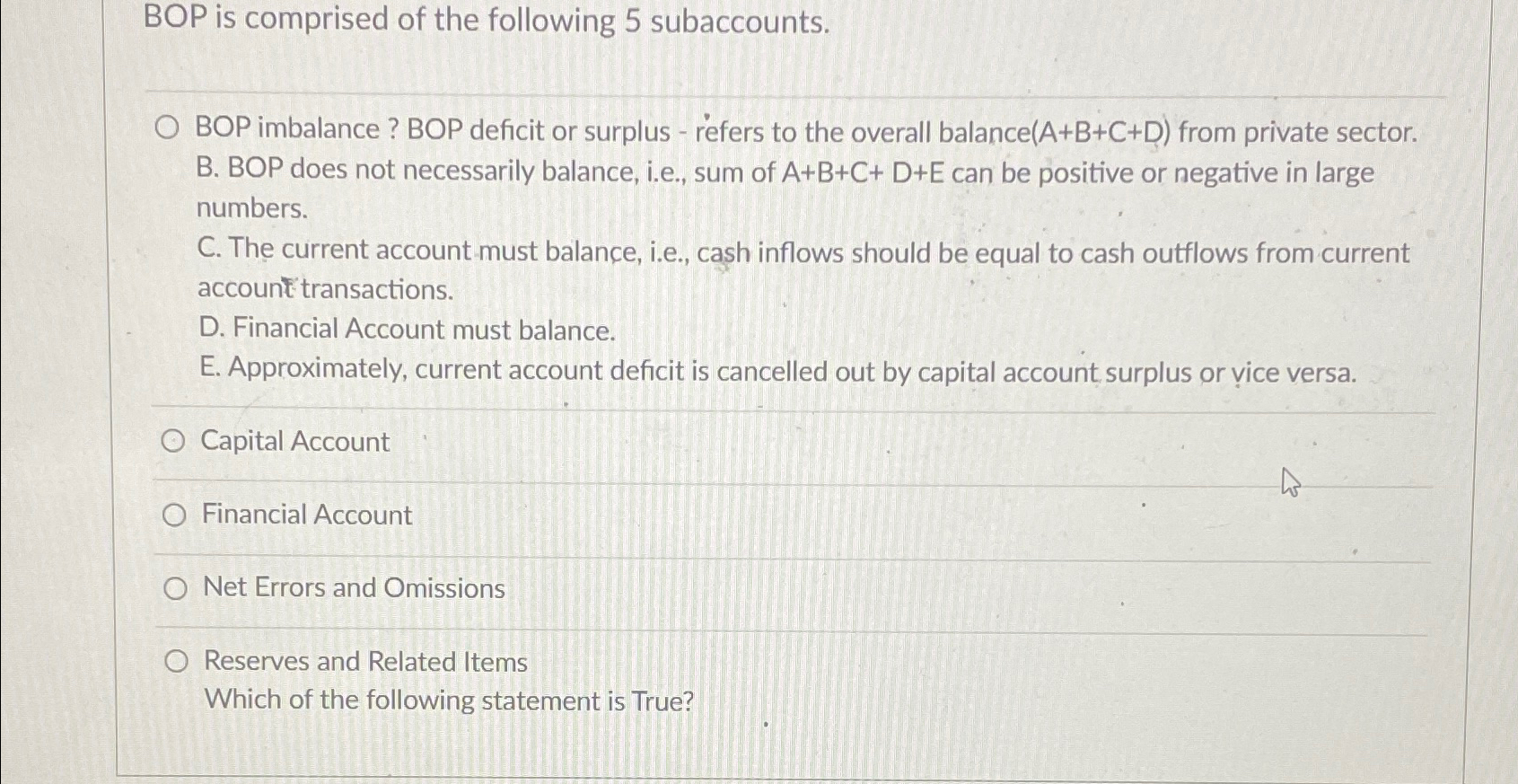 Solved BOP is comprised of the following 5 ﻿subaccounts.BOP | Chegg.com