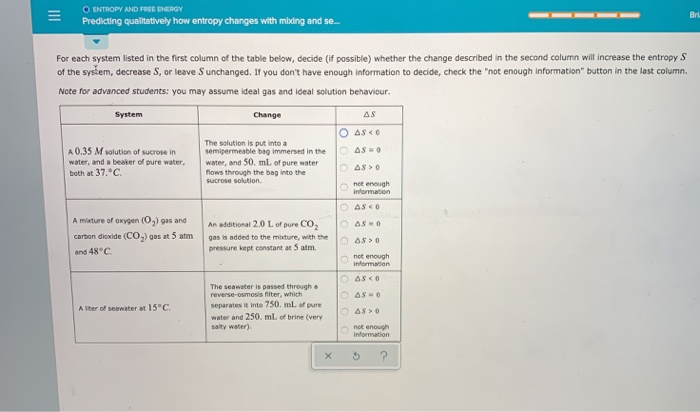 Solved O ENTROPY AND FREE ENERGY Predicting qualitatively | Chegg.com