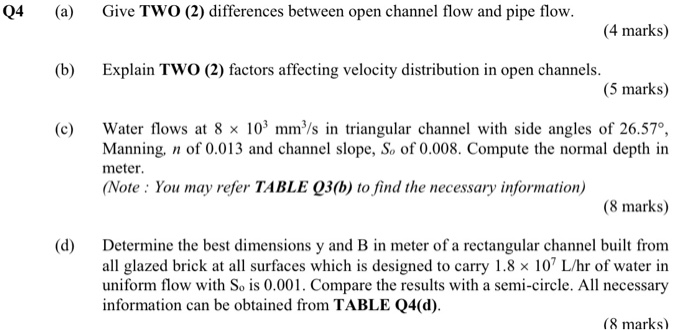 Solved Q4 (a) Give TWO (2) differences between open channel | Chegg.com