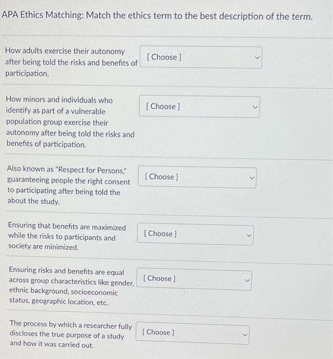 Solved APA Ethics Matching: Match the ethics term to the | Chegg.com