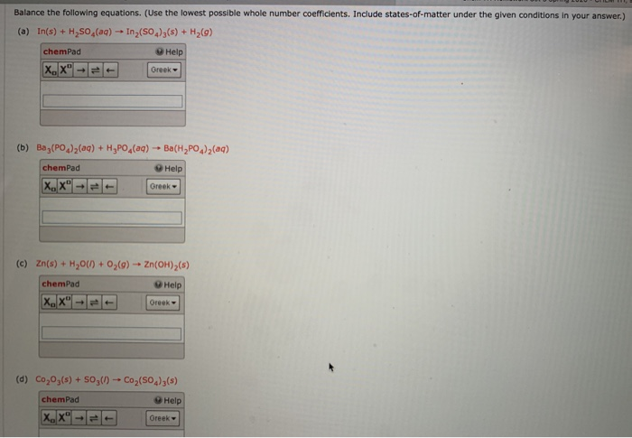 Solved Balance the following equations. (Use the lowest | Chegg.com