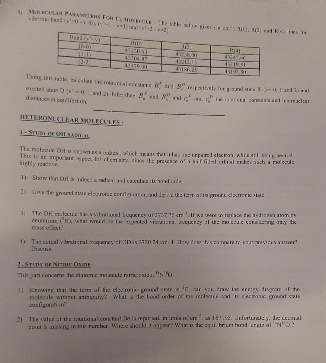 Solved 5) Molfcular Parameters For C2 Molecule : The table | Chegg.com