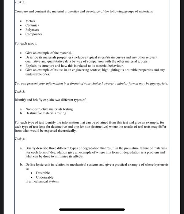 Solved Task 2: Compare and contrast the material properties | Chegg.com