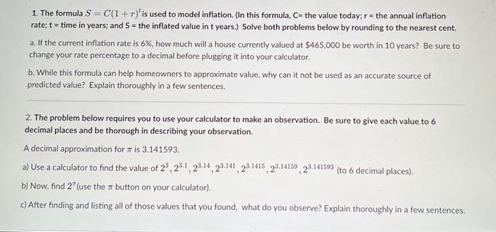 Solved 1. The formula S=C(1+r)t is used to model inflation. | Chegg.com