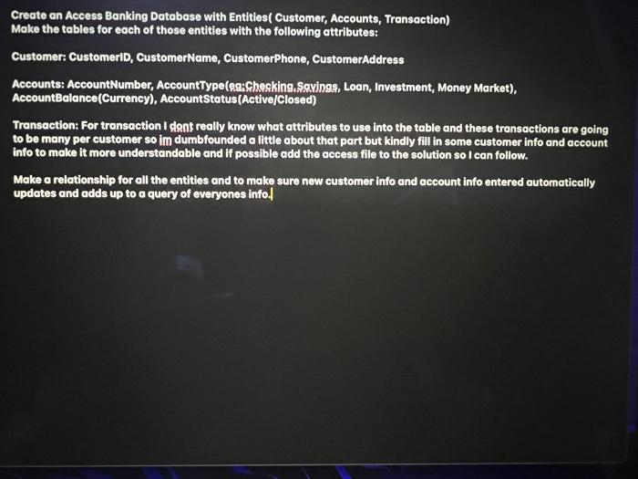 Solved Create an Access Banking Database with Entities( | Chegg.com