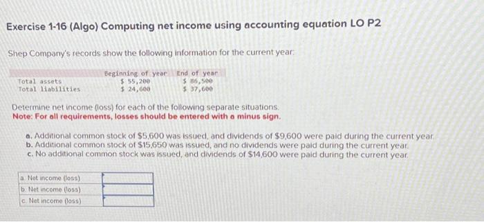 Solved Exercise 1-16 (Algo) Computing net income using | Chegg.com