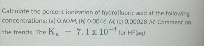 Solved Calculate the percent ionization of hydrofluoric acid | Chegg.com