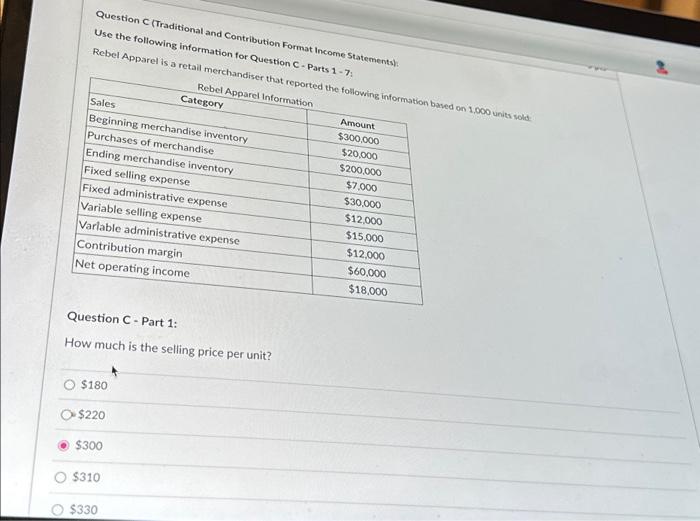 Solved Question C (Traditional and Contribution Format | Chegg.com