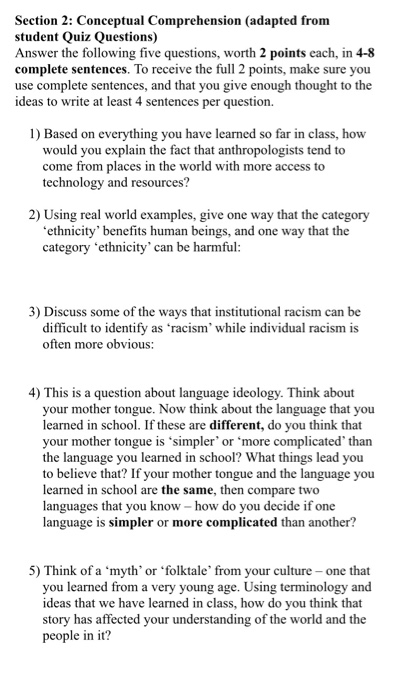 Section 2: Conceptual Comprehension (adapted from | Chegg.com