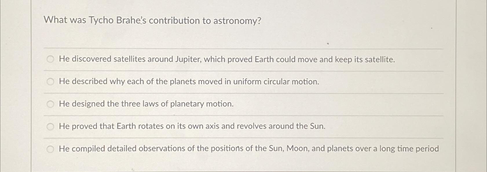 Solved What was Tycho Brahe's contribution to astronomy?He | Chegg.com
