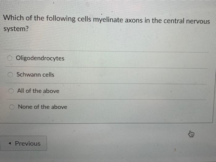 Solved Which of the following cells myelinate axons in the | Chegg.com