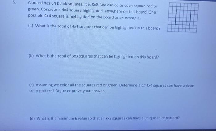 Solved 5. A board has 64 blank squares, it is 8x8. We can | Chegg.com