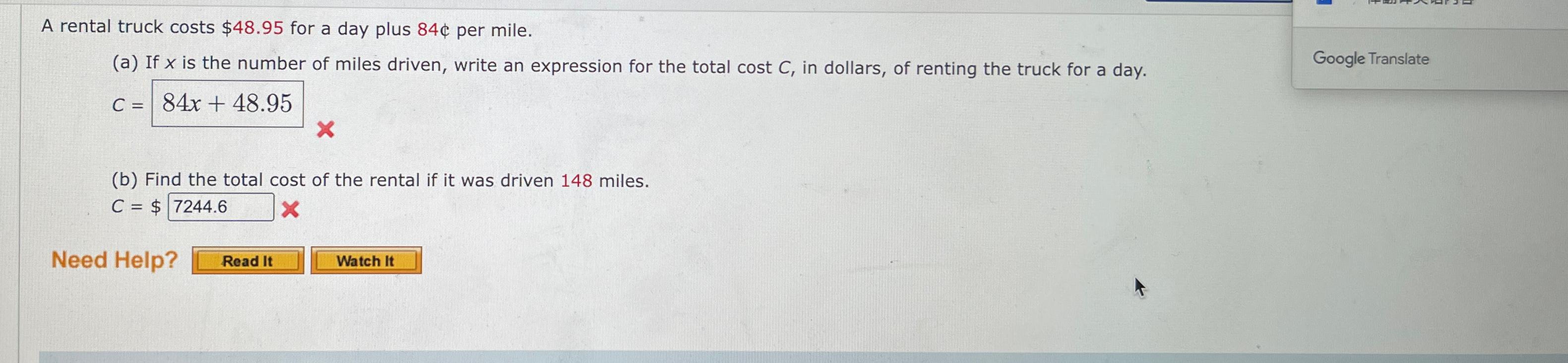 Solved A rental truck costs $48.95 ﻿for a day plus 84 ﻿c per | Chegg.com