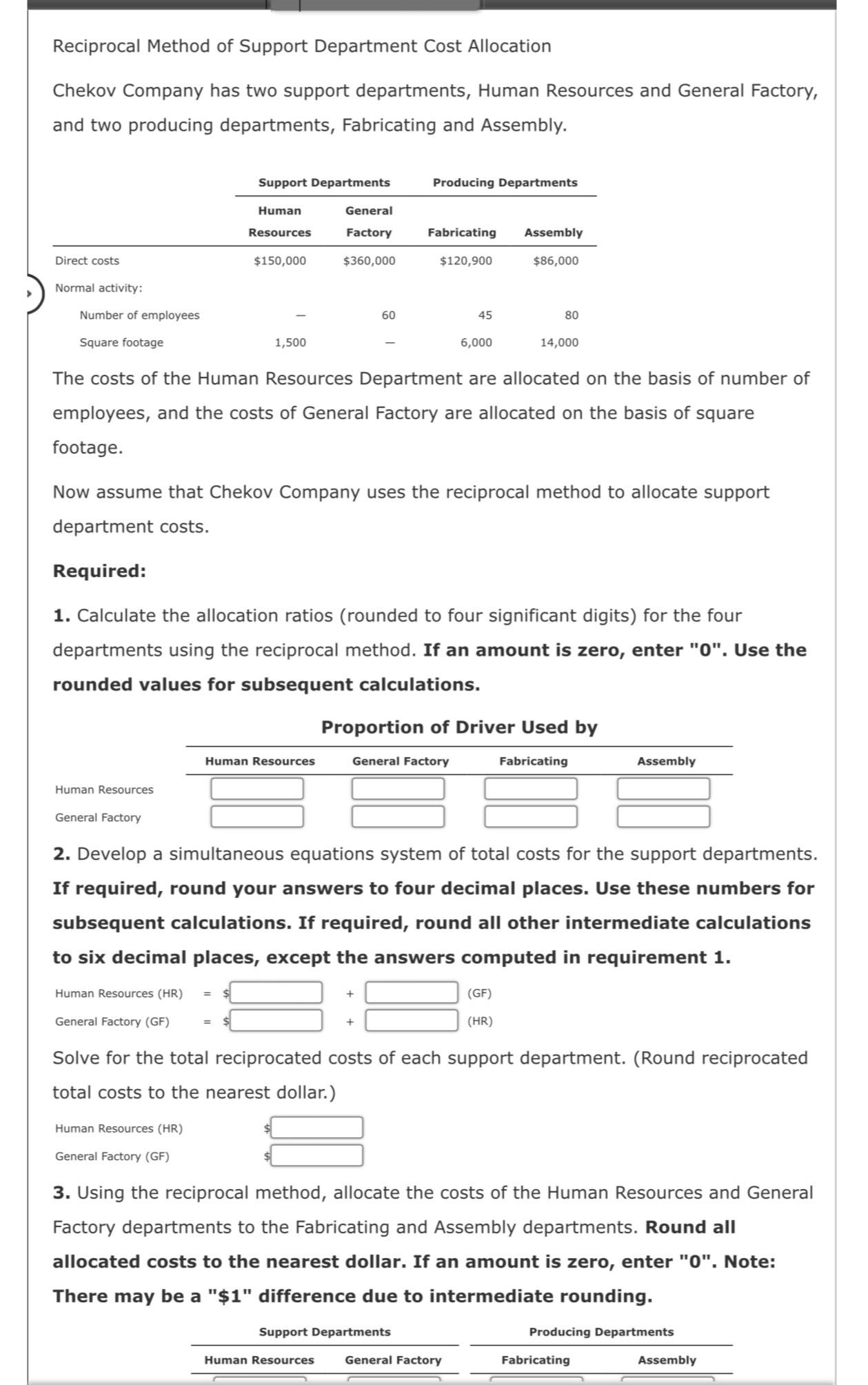 Solved Reciprocal Method of Support Department Cost | Chegg.com