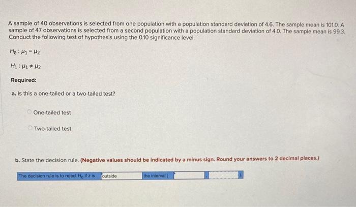 Solved A sample of 40 observations is selected from one | Chegg.com
