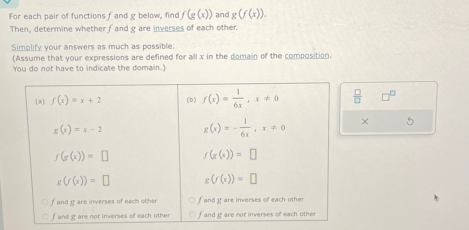 Solved For each pair of functions f ﻿and g ﻿below, find | Chegg.com