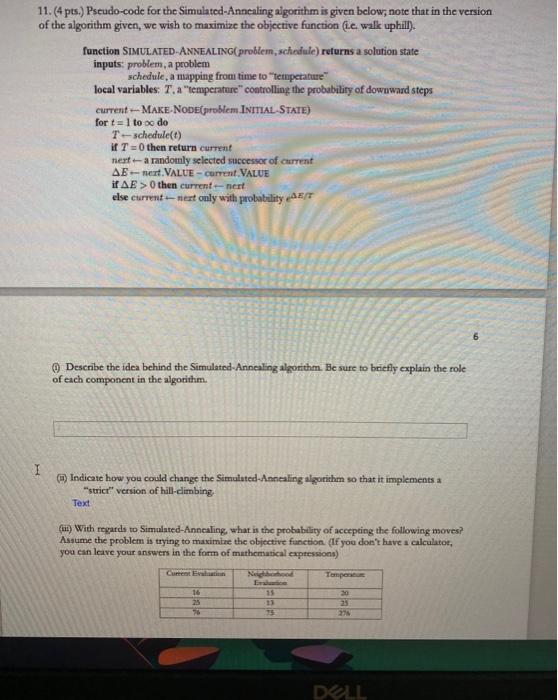 11.(4 pts. Pseudo-code for the Simulated-Annealing | Chegg.com