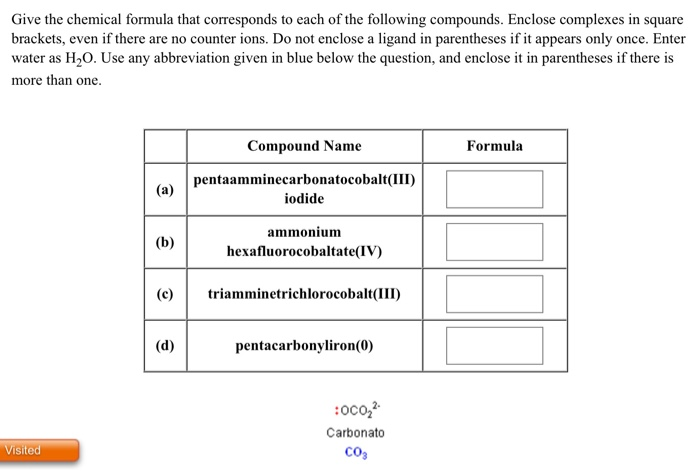 Solved Give the chemical formula that corresponds to each of | Chegg.com