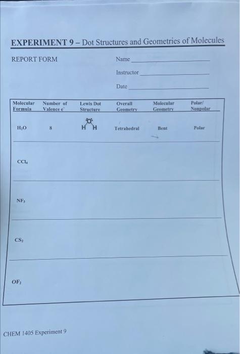 Solved EXPERIMENT 9 - Dot Structures and Geometries of | Chegg.com