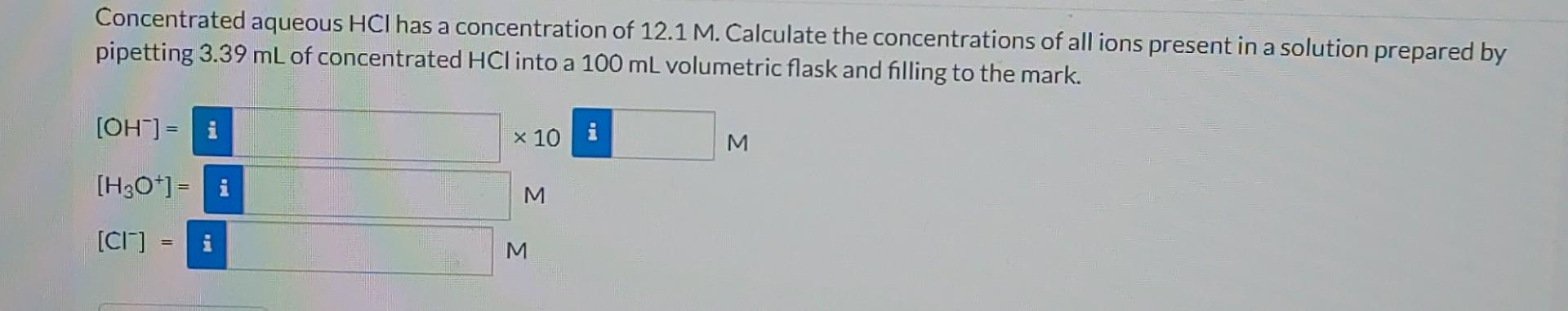 Solved Concentrated aqueous HCl has a concentration of | Chegg.com