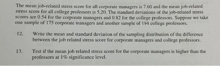 Solved The mean job-related stress score for all corporate | Chegg.com
