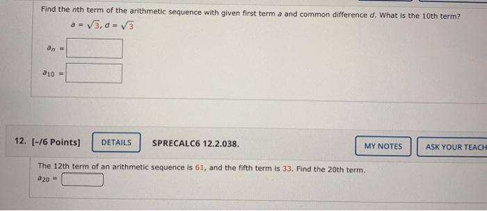 Solved Find the nth term of the arithmetic sequence with | Chegg.com