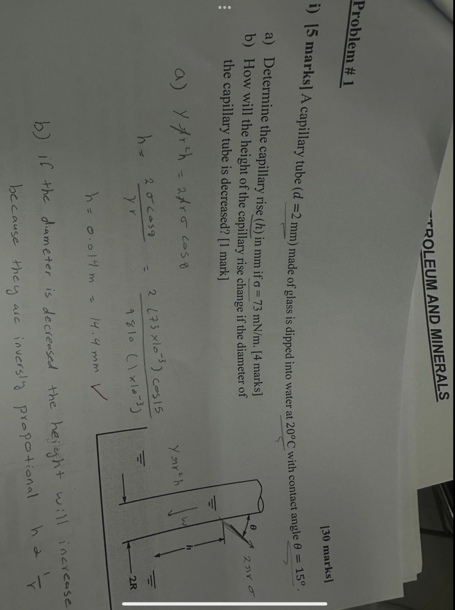 Solved Problem # 1i) ﻿ marks] ﻿A capillary tube | Chegg.com