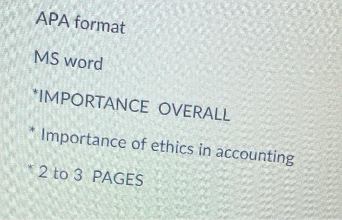 Solved APA format MS word *IMPORTANCE OVERALL Importance of | Chegg.com