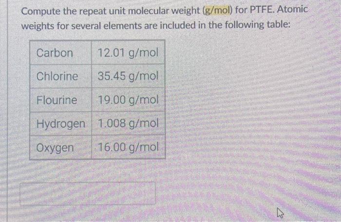 Solved Compute the repeat unit molecular weight ( g/mol ) | Chegg.com