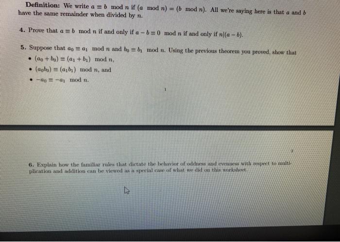 Solved Definition: We write a = b mod n if (a mod n) = (b | Chegg.com