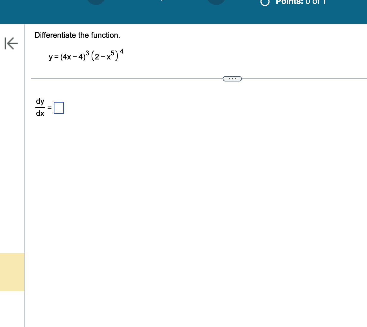 Solved Differentiate the function.y=(4x-4)3(2-x5)4dydx= | Chegg.com