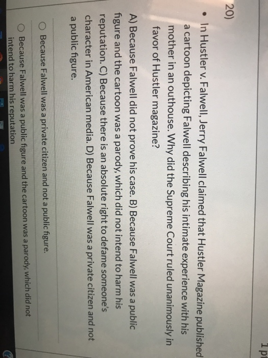 Solved 1p 20) • In Hustler v. Falwell, Jerry Falwell claimed | Chegg.com