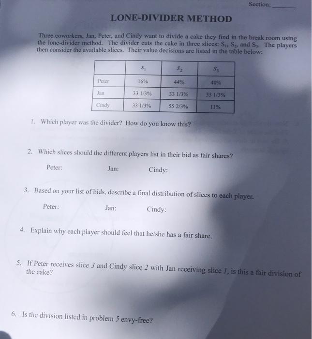 Solved LONE-DIVIDER METHOD rindy want to divide a cake they | Chegg.com