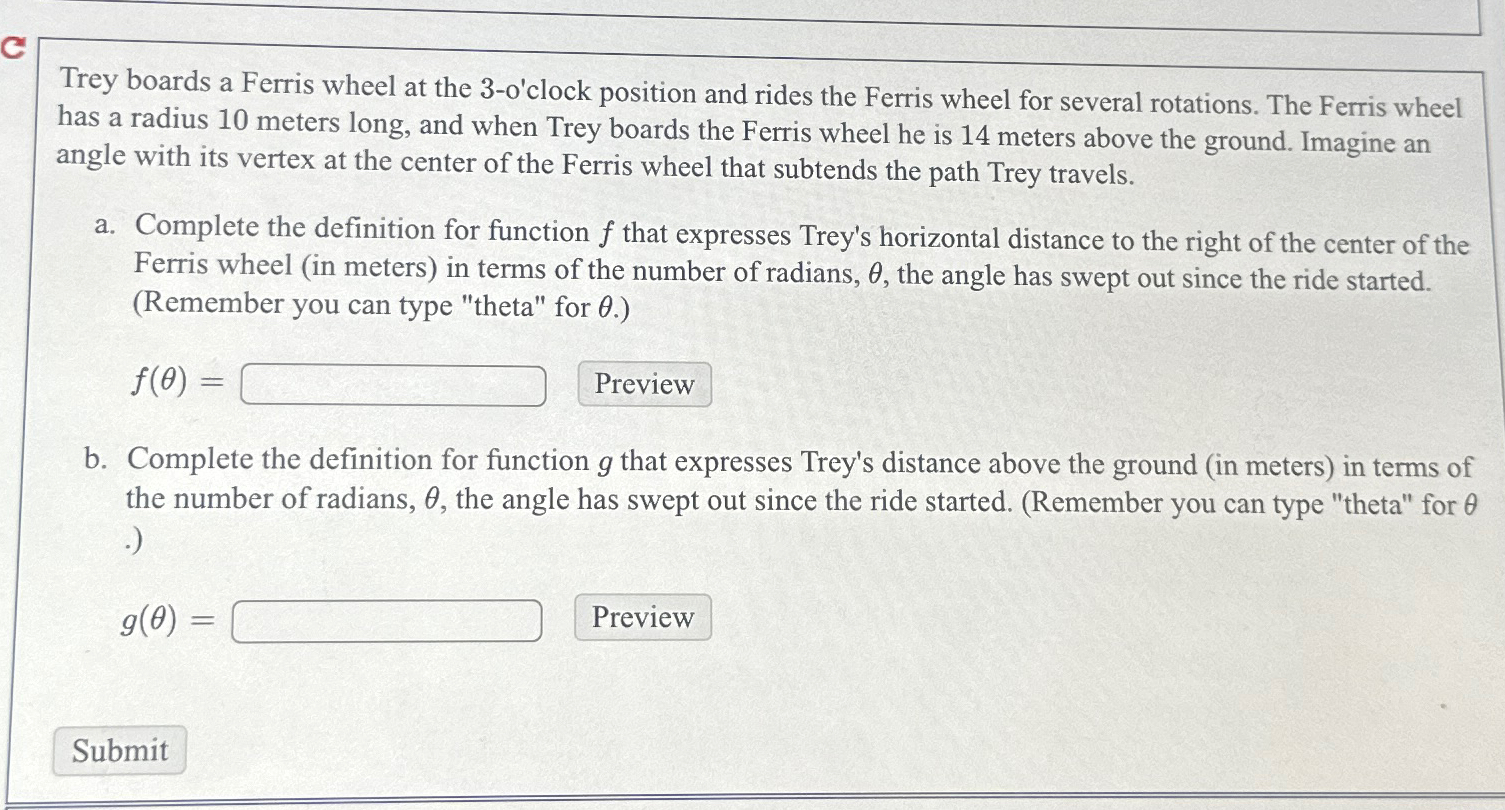 Solved Trey boards a Ferris wheel at the 3 -o'clock position | Chegg.com