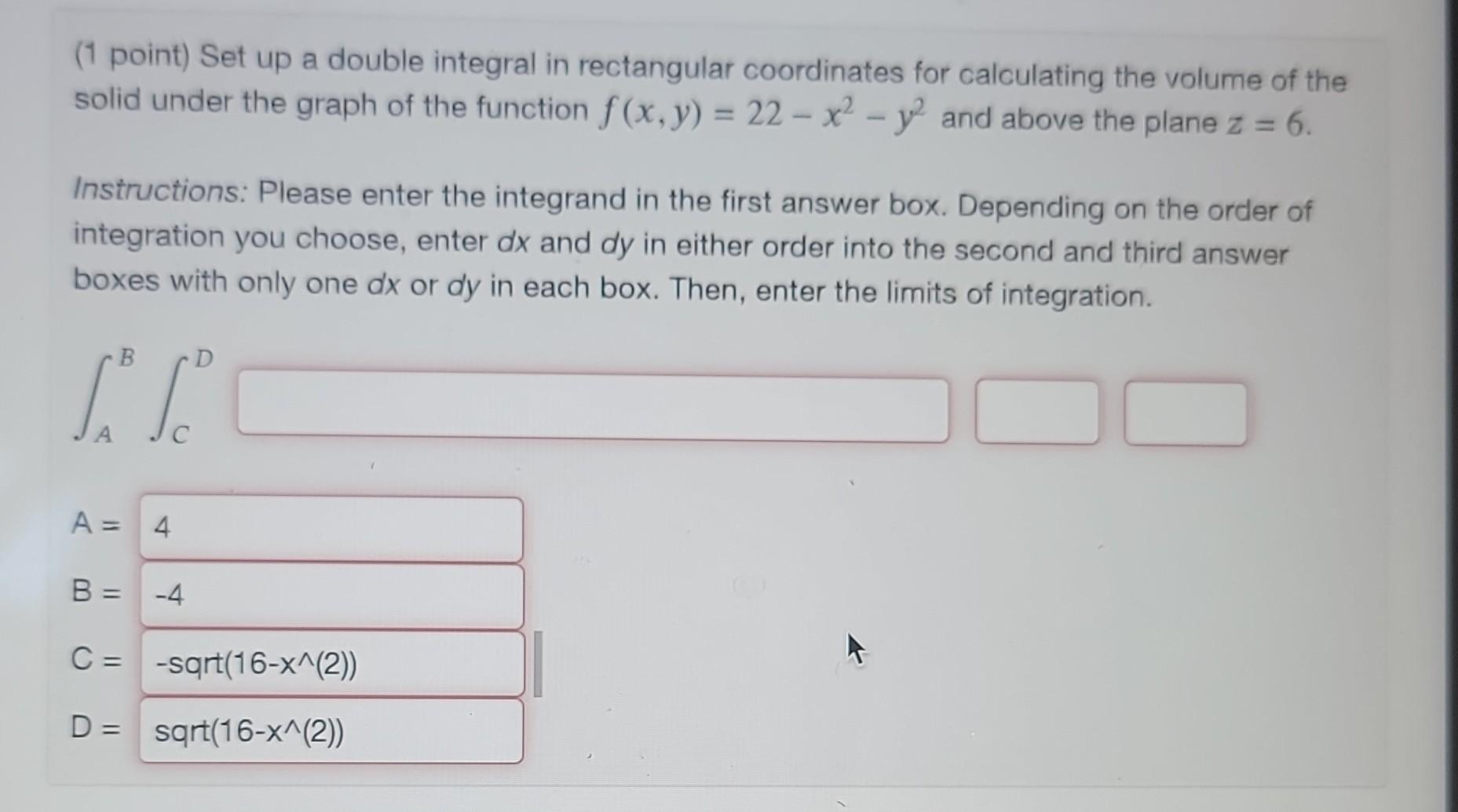 Solved (1 point) Set up a double integral in rectangular | Chegg.com