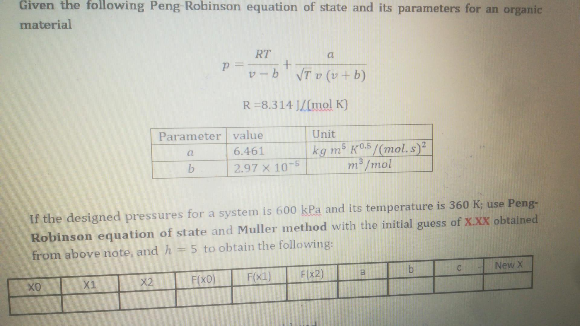 Given the following Peng-Robinson equation of state | Chegg.com