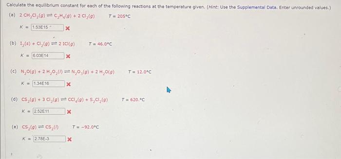 Solved Calculate the equilibrium constant for each of the | Chegg.com
