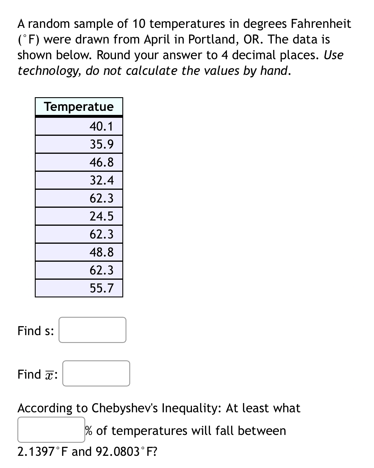 Solved A random sample of 10 ﻿temperatures in degrees | Chegg.com
