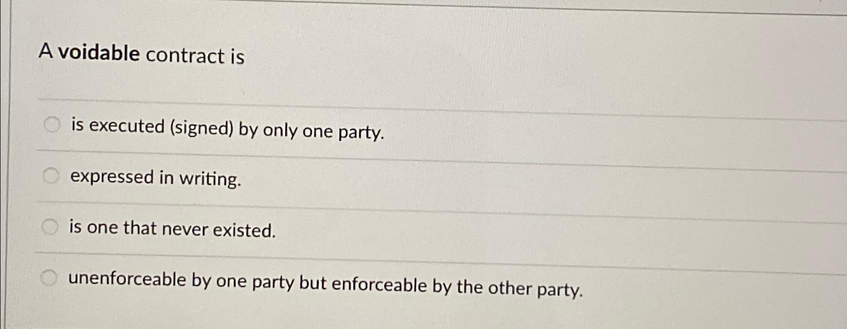 A voidable contract isis executed (signed) ﻿by only | Chegg.com