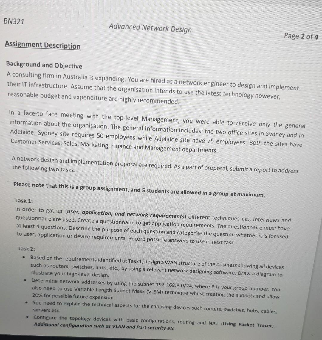 BN321 Advanced Network Design Page 2 of 4 Assignment | Chegg.com
