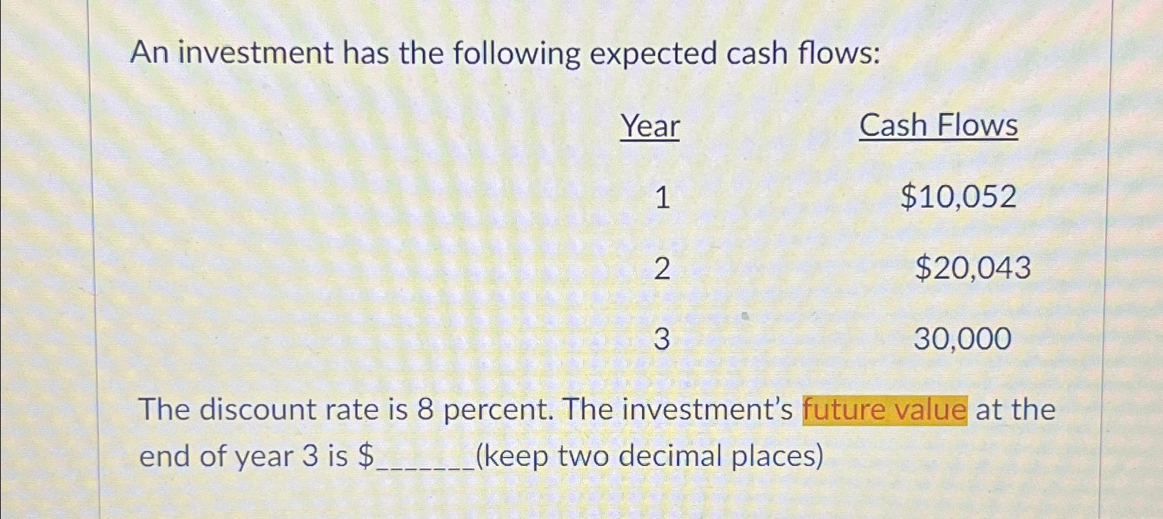 Solved An investment has the following expected cash | Chegg.com
