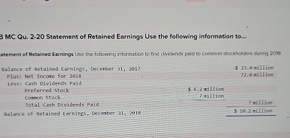 Solved MC Qu. 2-20 ﻿Statement of Retained Earnings Use the | Chegg.com