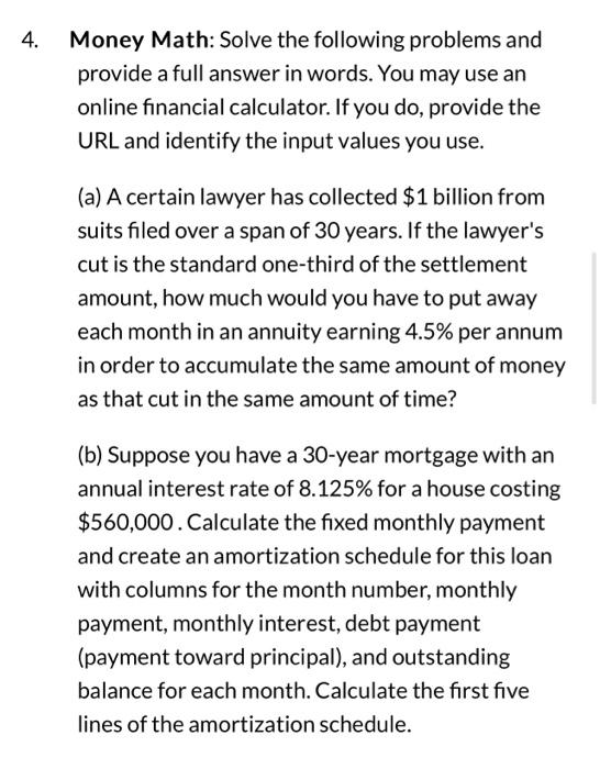 Solved Money Math: Solve the following problems and provide | Chegg.com