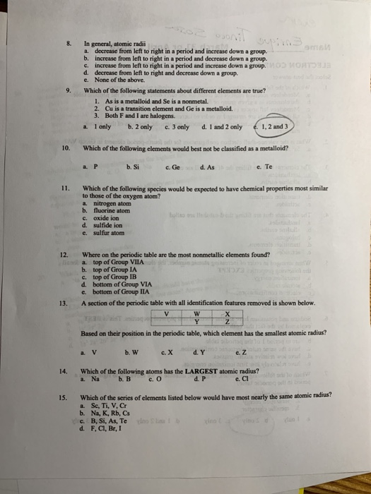 Solved 8. In general, atomic radii a. decrease from left to | Chegg.com