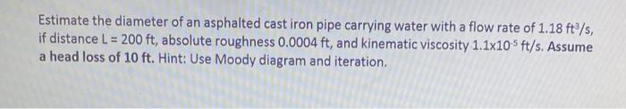 Solved Estimate the diameter of an asphalted cast iron pipe | Chegg.com